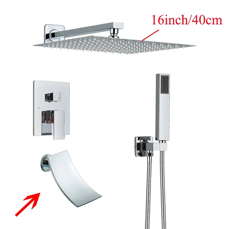 Черный смеситель для душа, настенная Душевая система, смеситель для ванны, 12/16 дюйма, кран для дождевой воды с ручным душем, Chrome B-16inch