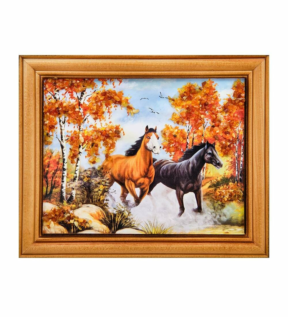 Картина "Лошади" (с янтарной крошкой) дер. краш. рамка 12х15 A2181681