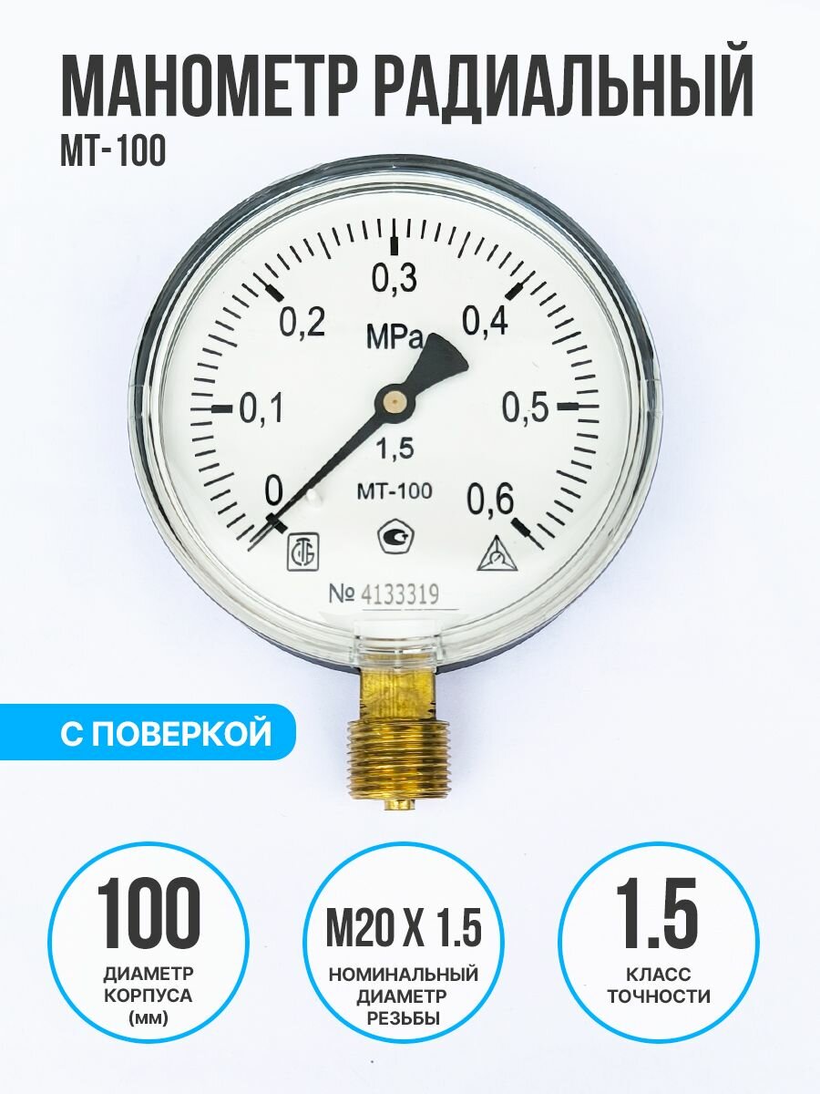 Манометр МТ-100М 0,6 МПа (метрическая резьба - М20х1.5)