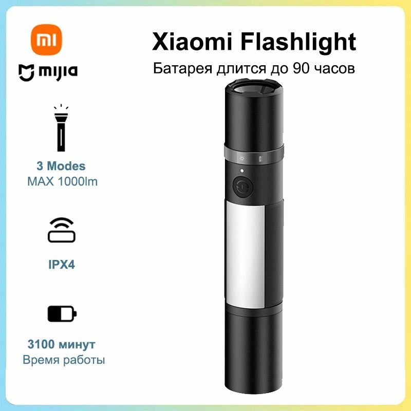 Многофункциональный фонарик Xiaomi Mijia, Литий-ионная, ZOOM, Черный