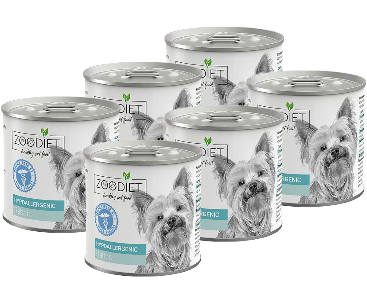 Влажный корм Zoodiet Hypoallergenic Rabbit для взрослых собак при аллергии с кроликом банка, 240 гр х 6 шт