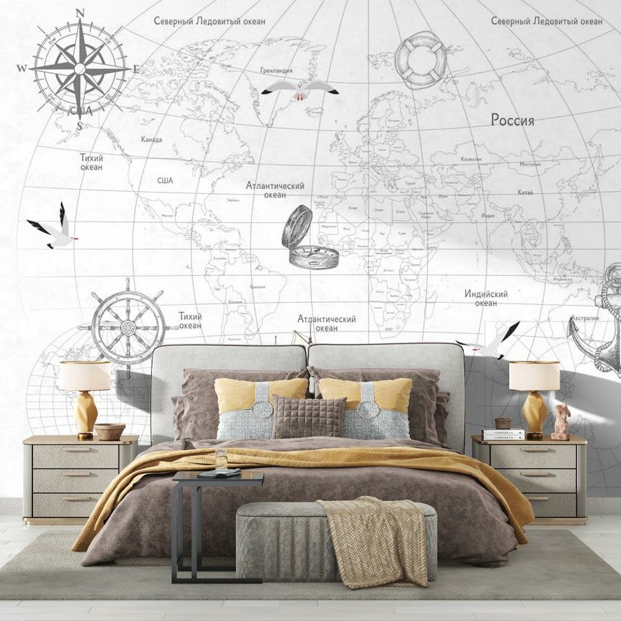 Фотообои Черно-белая карта мира 14-280-M-Флок 270 x 300 см (ВхШ) Бесшовные, флизелиновые, влагостойкие обои MasterFresok