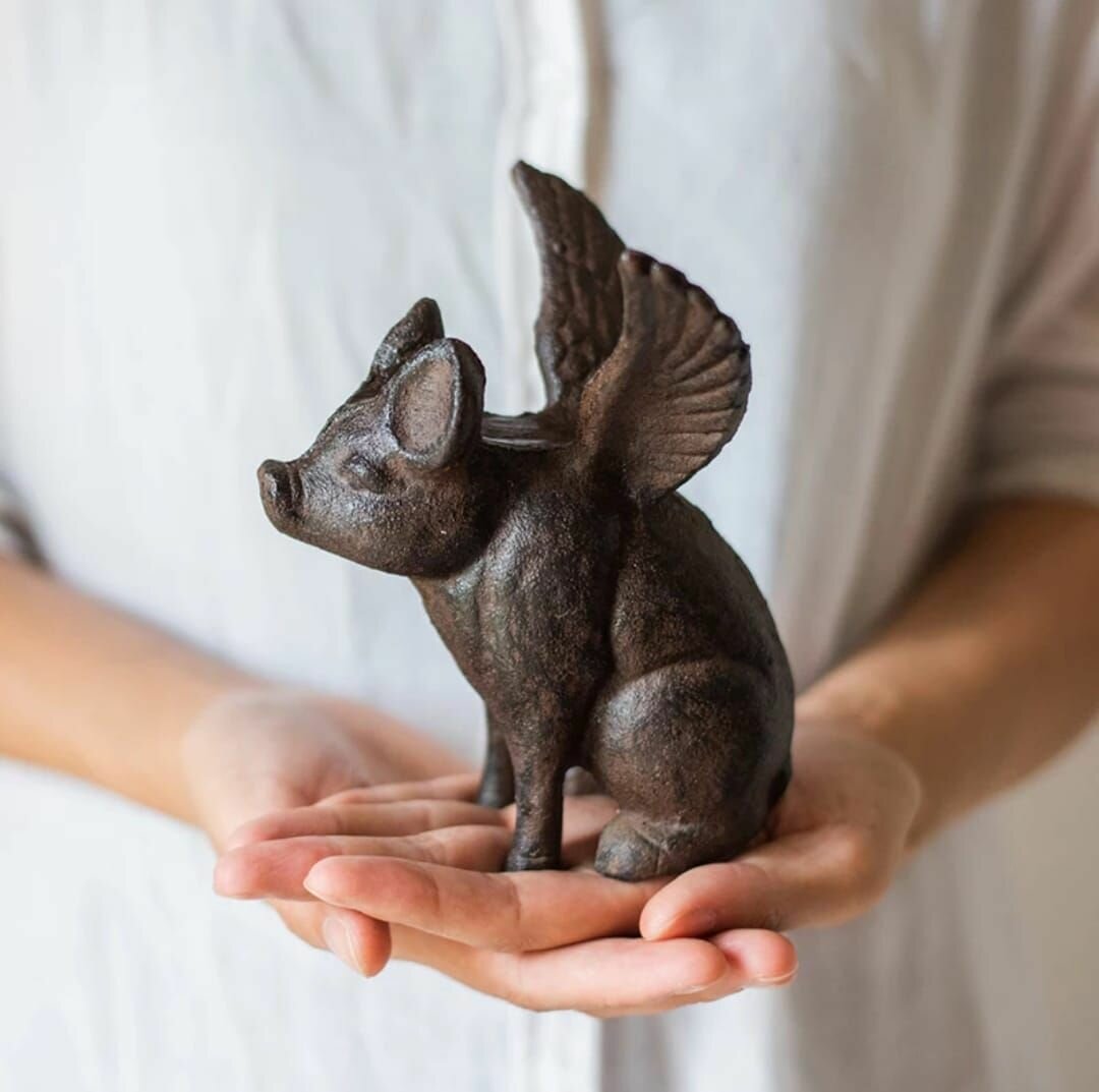 Держатель для фото "Свинка крылатая" , металл чугун, фигурка статуэтка интерьерная свинка, визитница，Anderlen