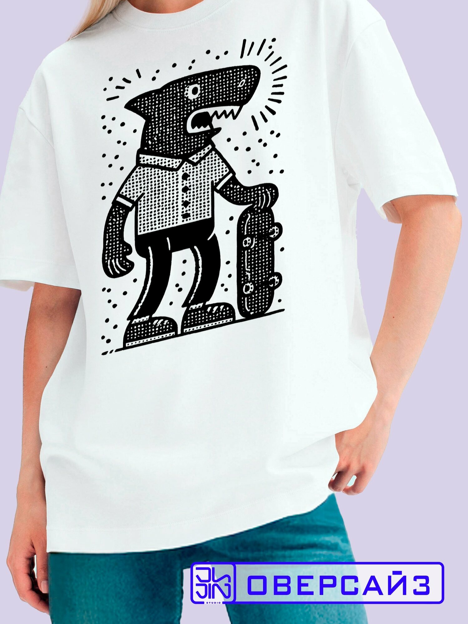 Футболка оверсайз женская с принтом Черно-белая уличная иллюстрация с акулой и скейтбордом для молодежного экстрима, белый хлопковый трикотаж с прикольным рисунком на груди