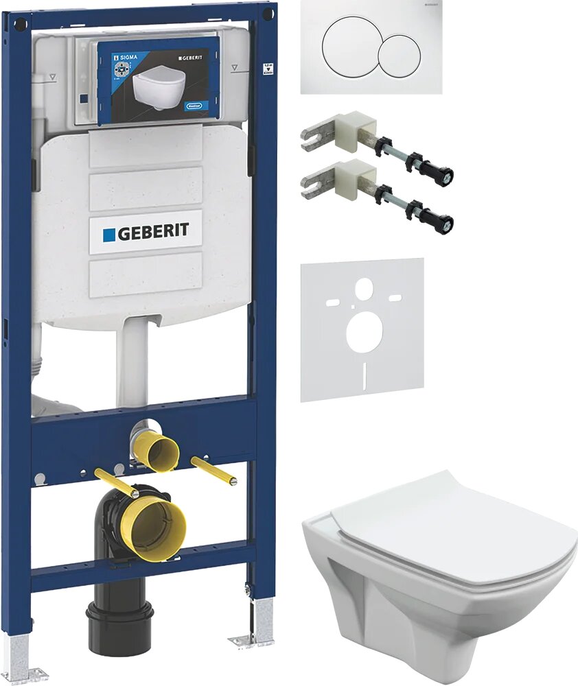 Комплект Унитаз подвесной Cersanit Carina XL Clean On DPL EO slim / Крепления Geberit Duofix к стене / Шумоизоляция, Инсталляция UP 320 111.300.00.5, Кнопка Sigma белая
