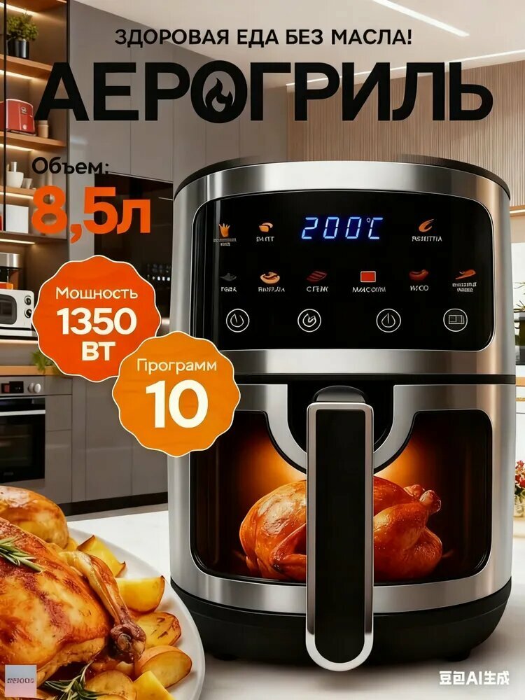 Аэрогриль электрический / 1350Вт, 8,5л, черный, серый металлик