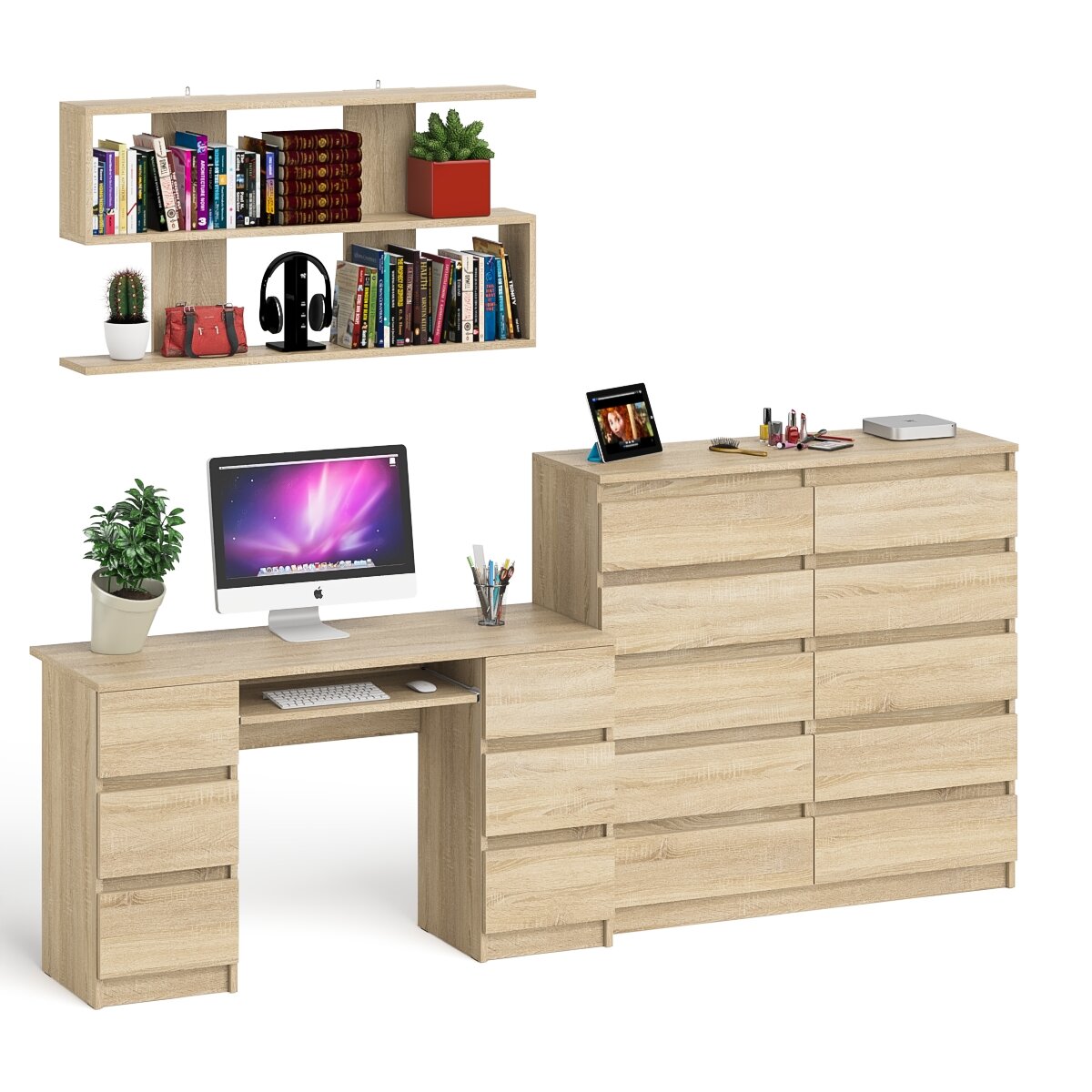 Комод Мори МК1200.10 со столом компьютерно-письменным и полкой сверху, дуб сонома, 255,8х50х209,6 см.