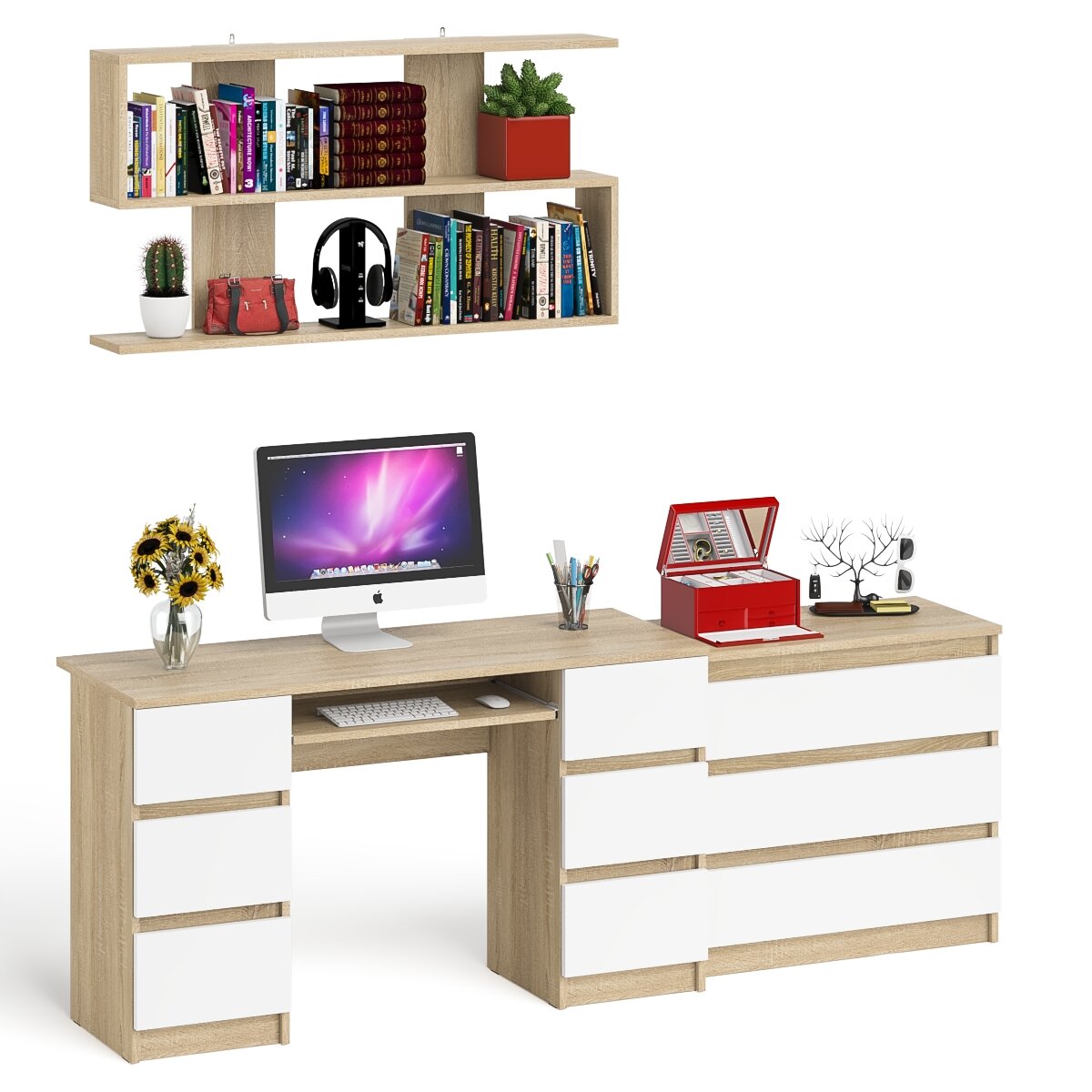 Комод Мори три ящика МК-800 и стол компьютерный Мори МС-2 с полкой 1200, дуб сонома/белый, 215,8х50х209,6 см.