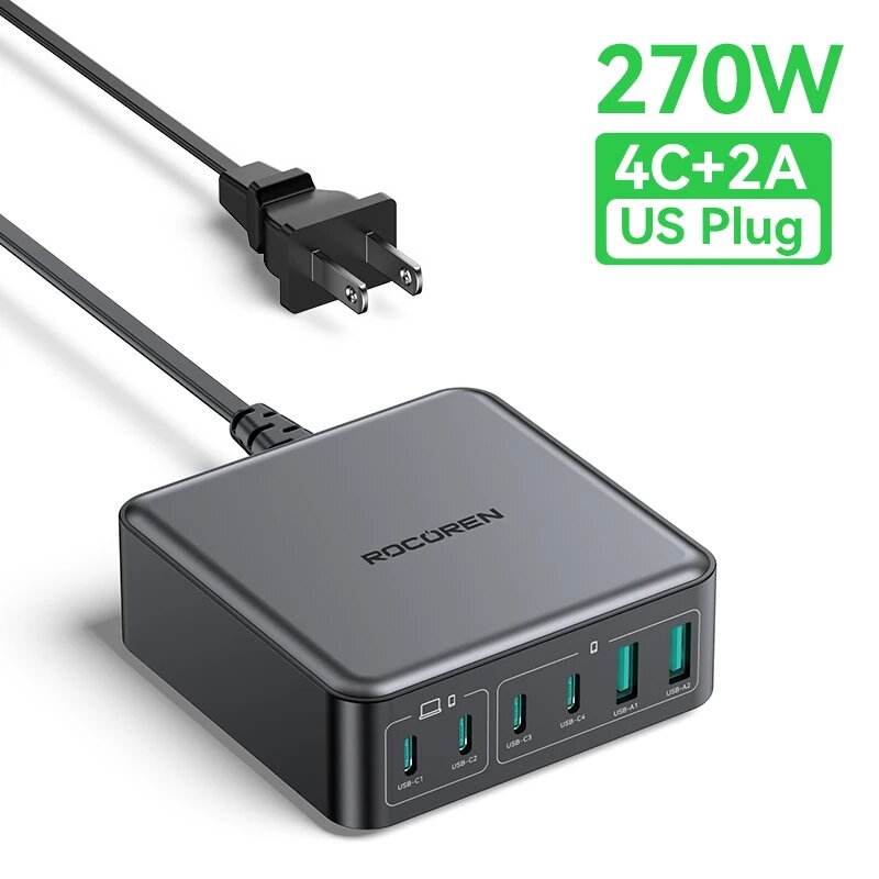 Зарядное Устройство Rocoren 200W GaN С Быстрой Зарядкой PD, USB Type-C, 270W, 6-в-1, USB-C Станция Для iPhone 16/15 Pro Max