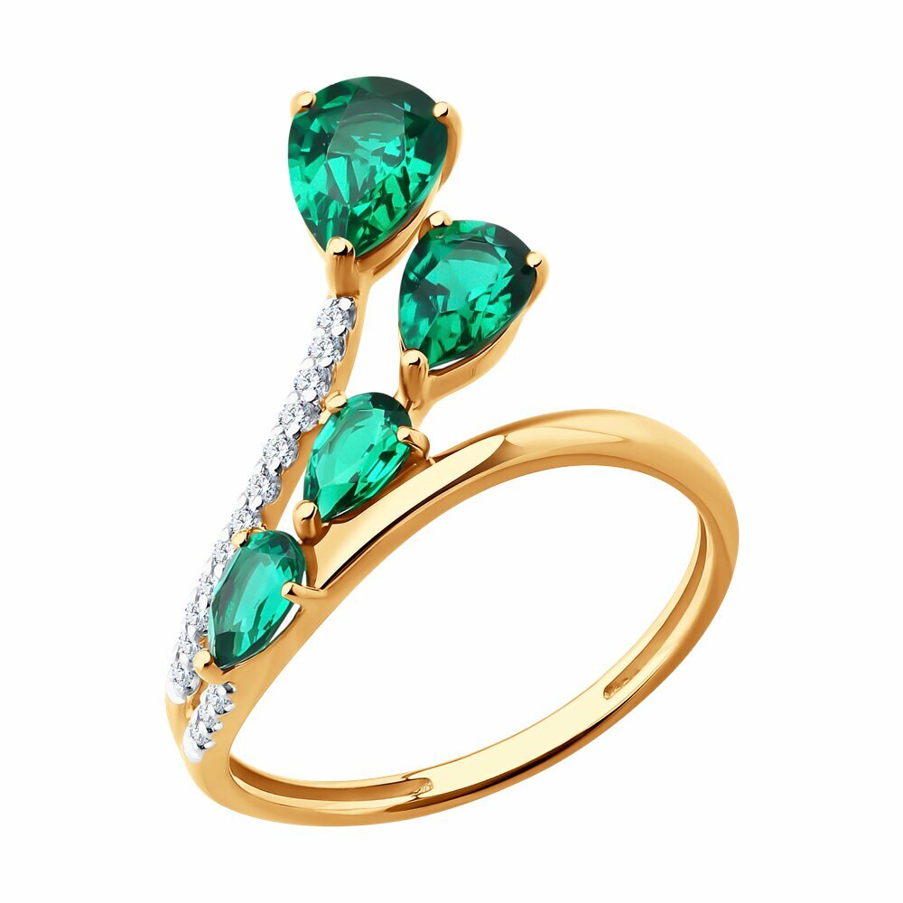 Кольцо, красное золото, 585 проба, изумруд синтетический