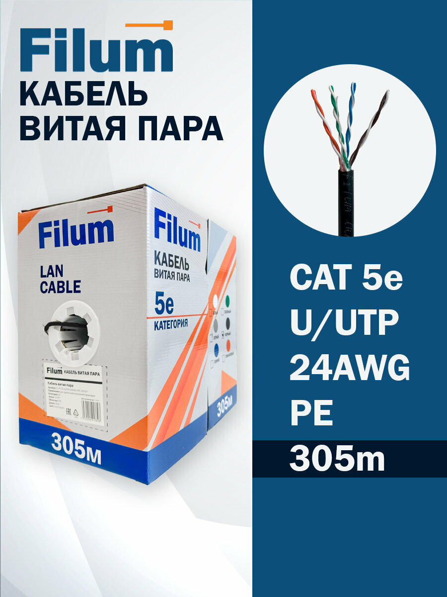 Кабель витая пара U/UTP 5e кат. 4 пары Filum, чистая медь, коробка 305 м, PE, черный