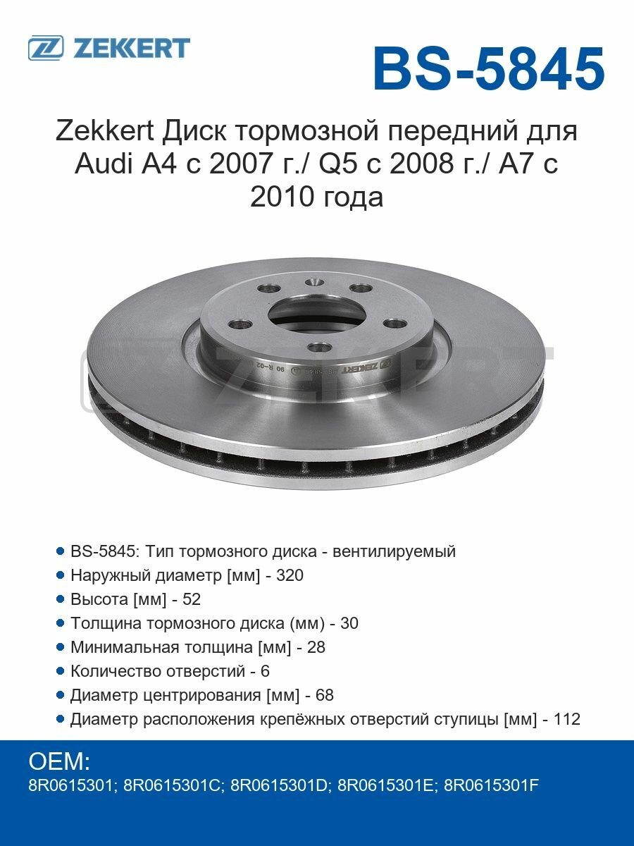 Zekkert Диск тормозной передний для Audi A4 с 2007 г./ Q5 с 2008 г./ A7 с 2010 года