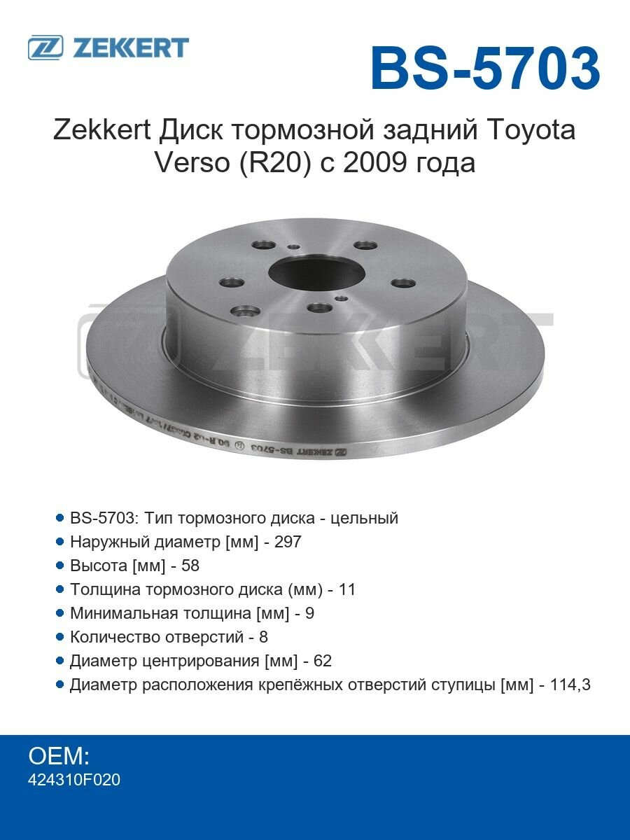 Zekkert Диски тормозные задний Toyota Verso (R20) с 2009 года