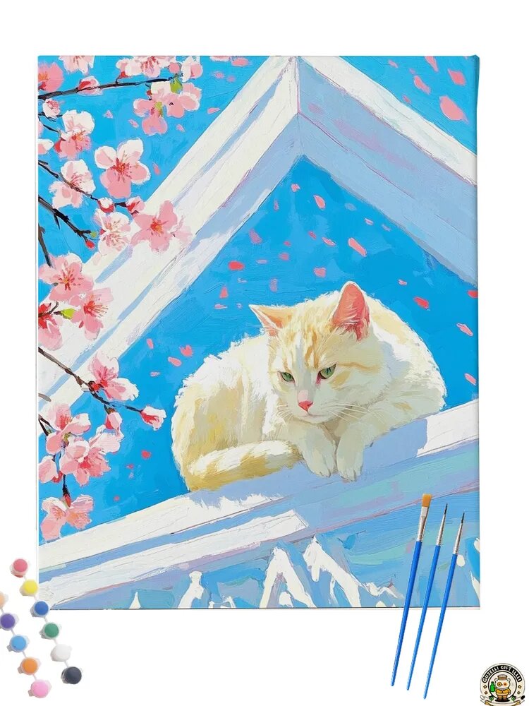 Картина по номерам 40x50 см, кошка на фоне цветущей сакуры, для детей от 8 лет