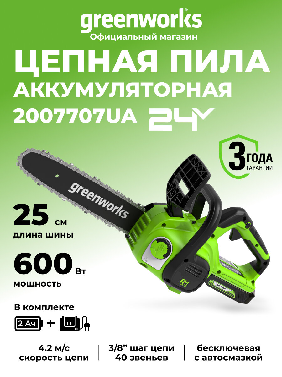 Цепная пила аккумуляторная Greenworks 24V, 25см, АКБ 2Ач и ЗУ