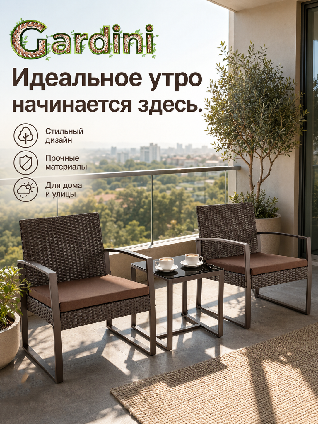 Комплект садовой мебели для балкона York Duet (Йорк Дуэт) под искусственный ротанг: 2 кресла и кофейный столик