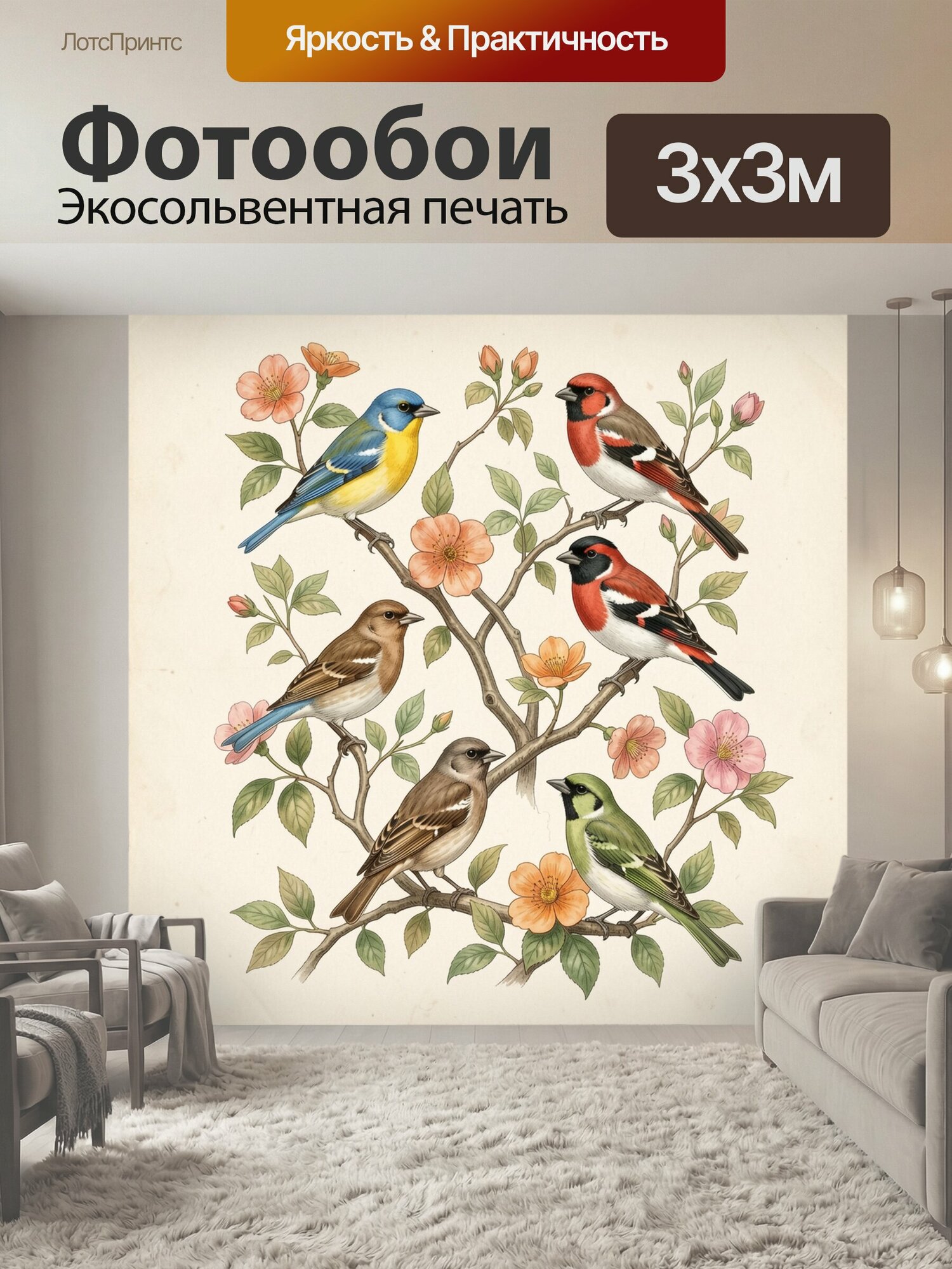 Фотообои "Птицы на цветущих ветках. Нежная ботаническая композиция с шестью яркими пернатыми на ветвях среди весенних цветов и листьев." 300x300 см. экосольвентная печать