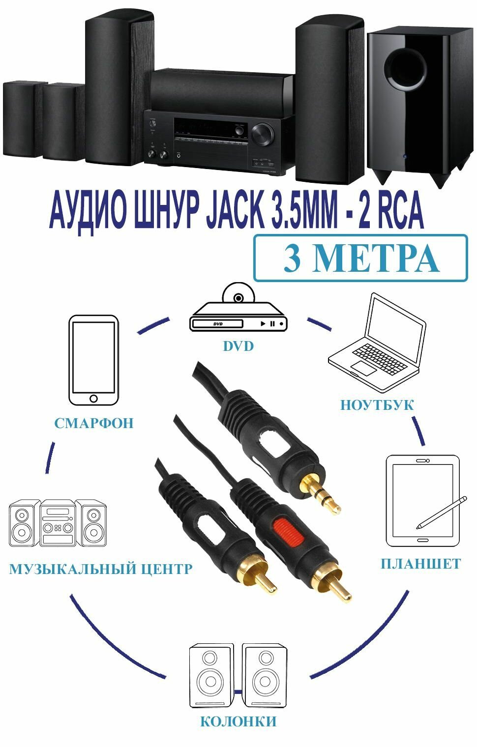 Аудио кабель AUX, тюльпаны RCA 2 (папа) - 3.5 Jack (папа) 3 метра