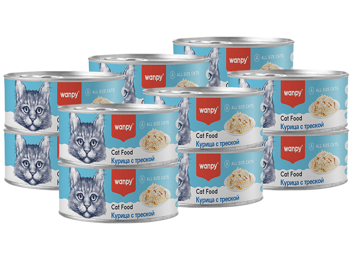 WANPY CAT для кошек с курицей и треской банка 95 гр 95 гр х 12 шт