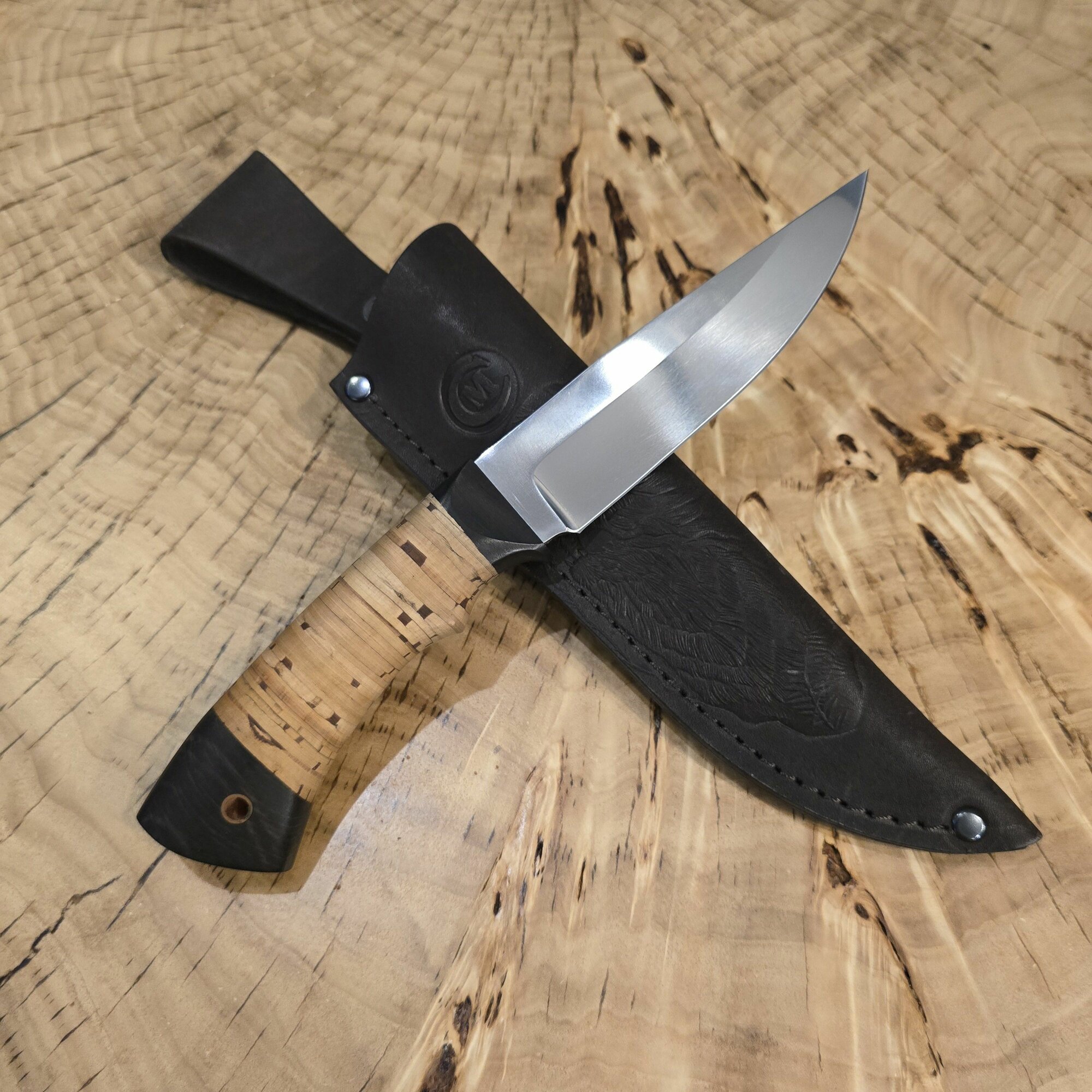Нож Коршун, сталь Х12МФ, рукоять береста, черный граб, Мастерская Семина