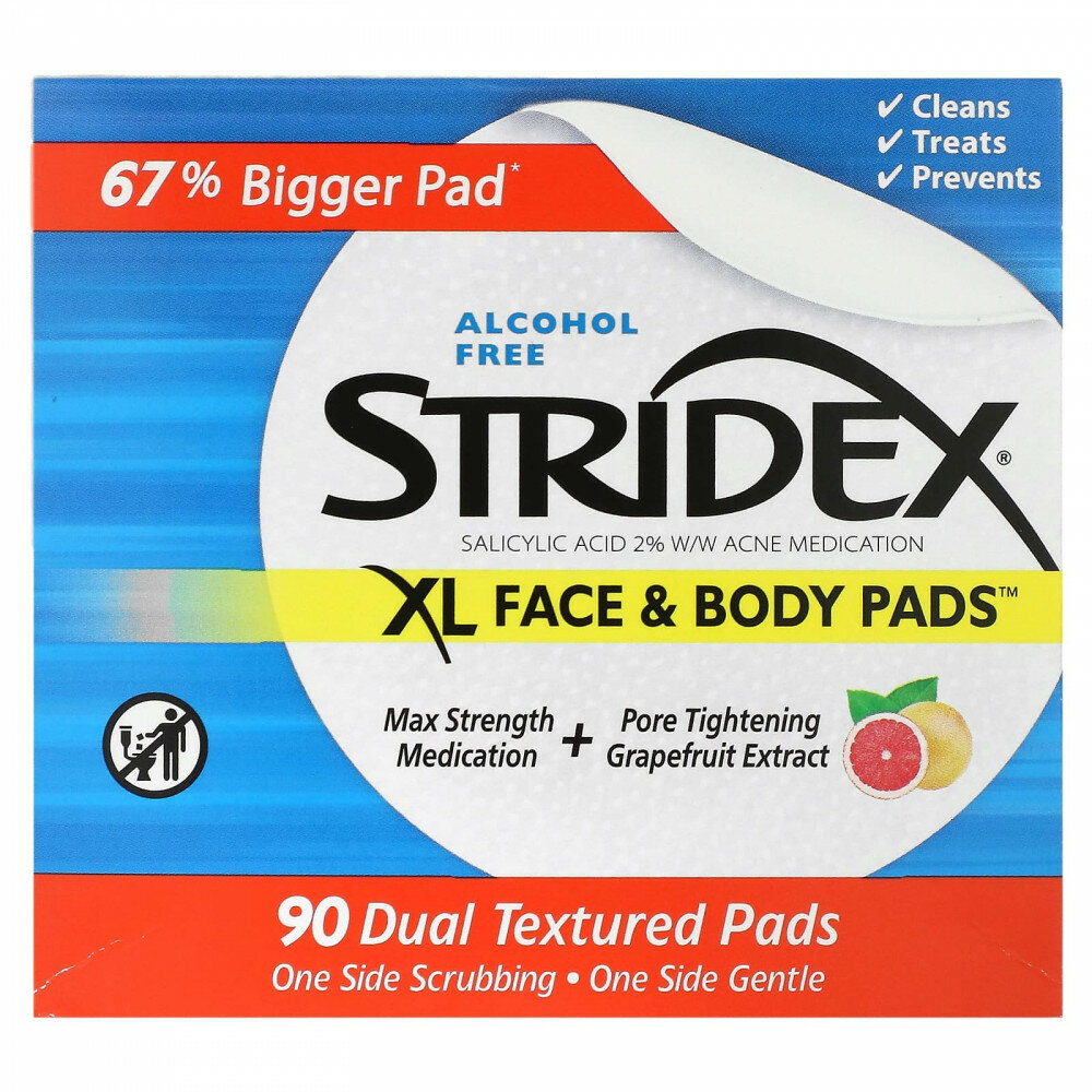 Stridex, XL Face & Body Pads™, без спирта, 90 подушечек с двойной текстурой
