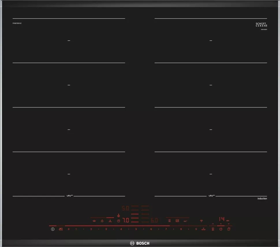 Индукционная варочная панель Bosch PXX675DV1E, стеклокерамическая, черная, с серебристой рамкой