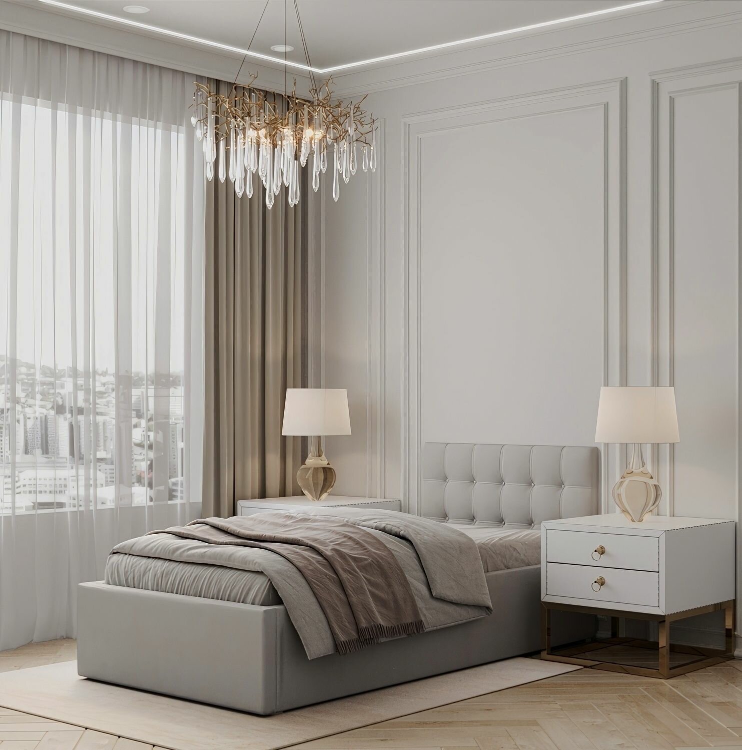 Кровать с матрасом 90х200 односпальная с подъемным механизмом, с ящиком для белья, светло-серая