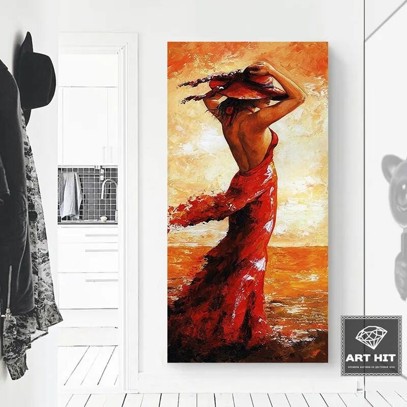 Картина вертикальная на стену, Девушка в красном платье, 40х80 см.