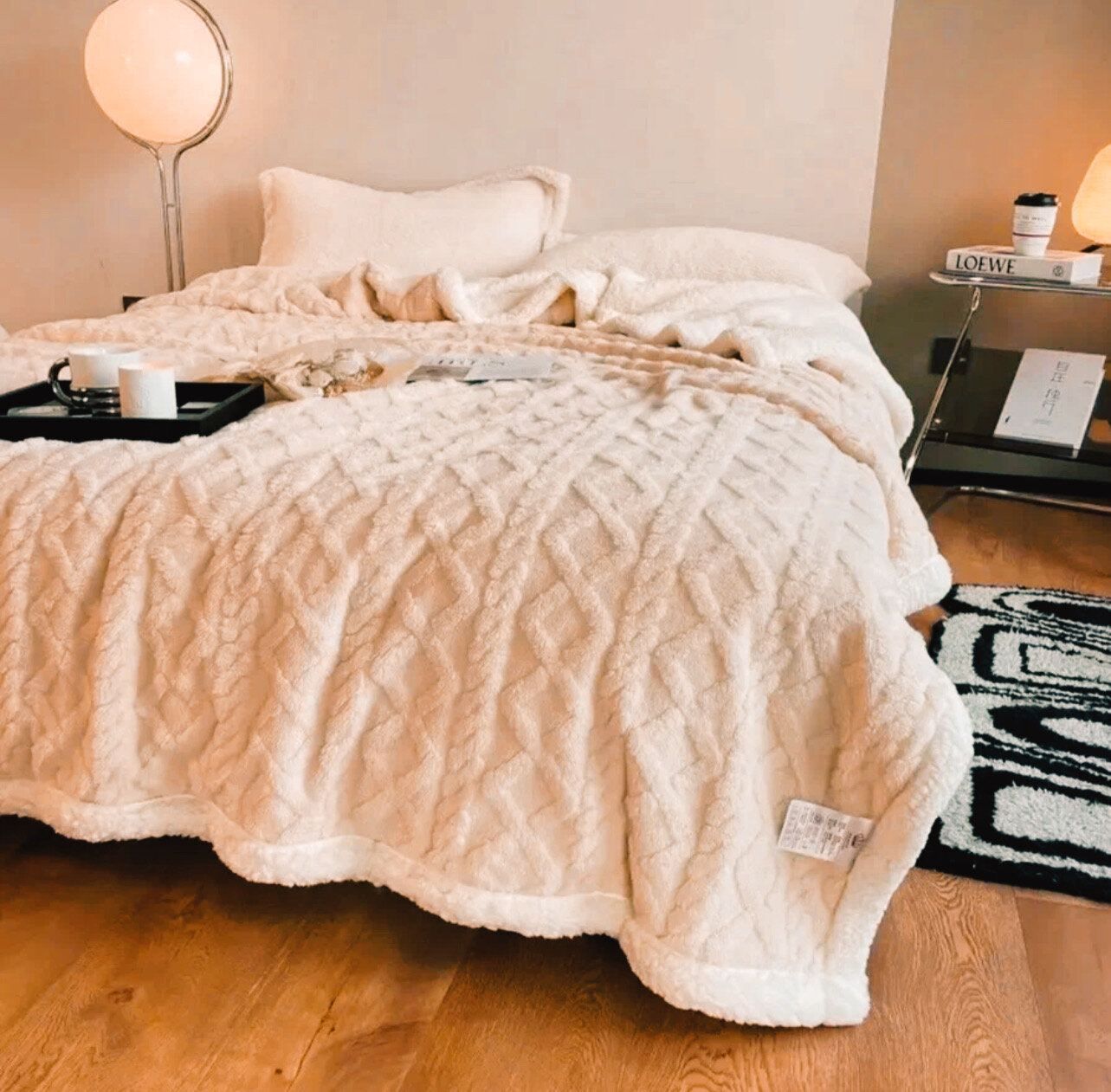 Плед 200*230 Евро, Плед Овечка плюшевый теплый двусторонний с декором под вязаные узоры, плед - одеяло, плед для дивана , Покрывало на кровать, персик