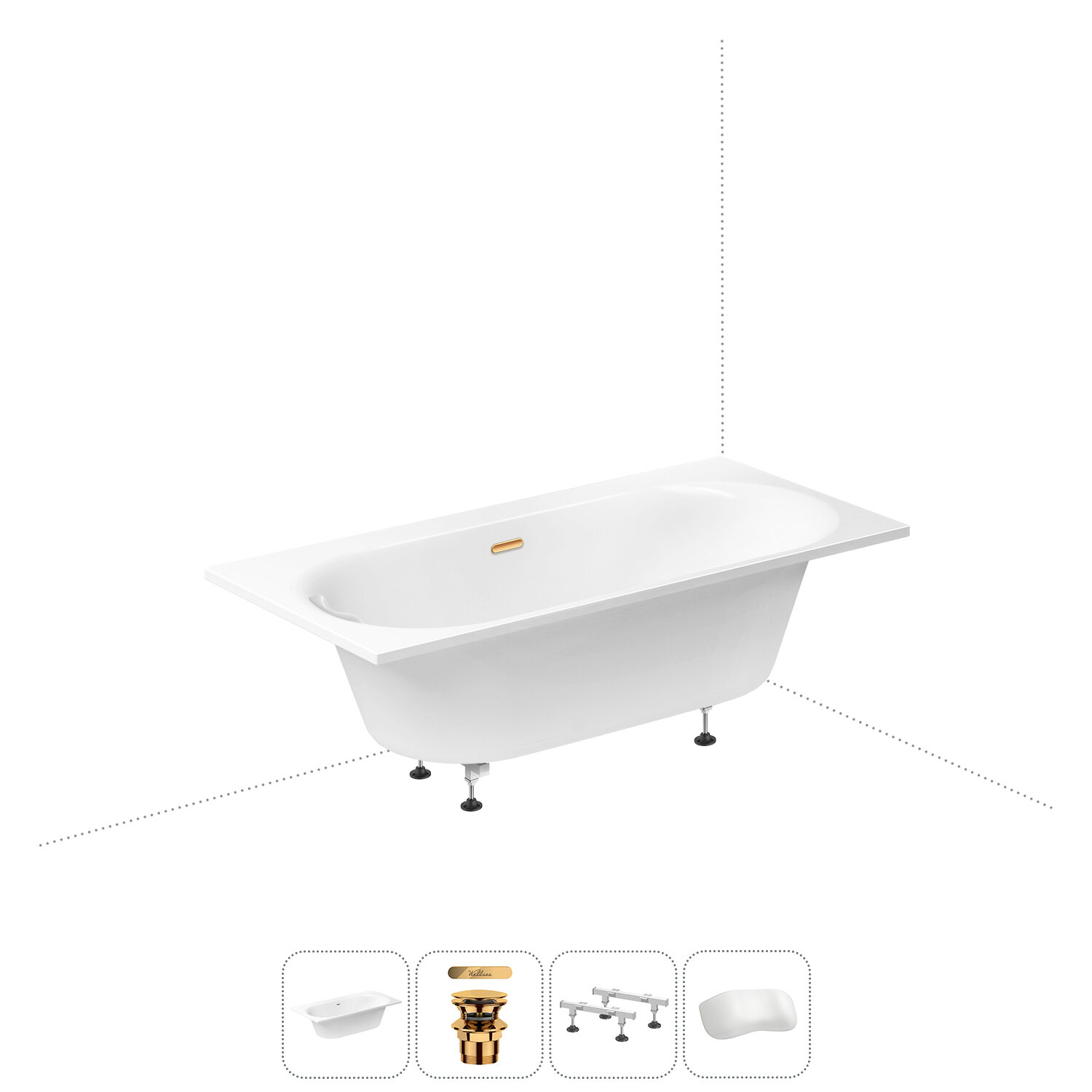 Акриловая ванна 180х90 Wellsee Dream For More 20216820R в наборе 4 в 1: ванна акриловая 180 х 90 см в цвете белый глянец, слив-перелив золото, ножки, подголовник