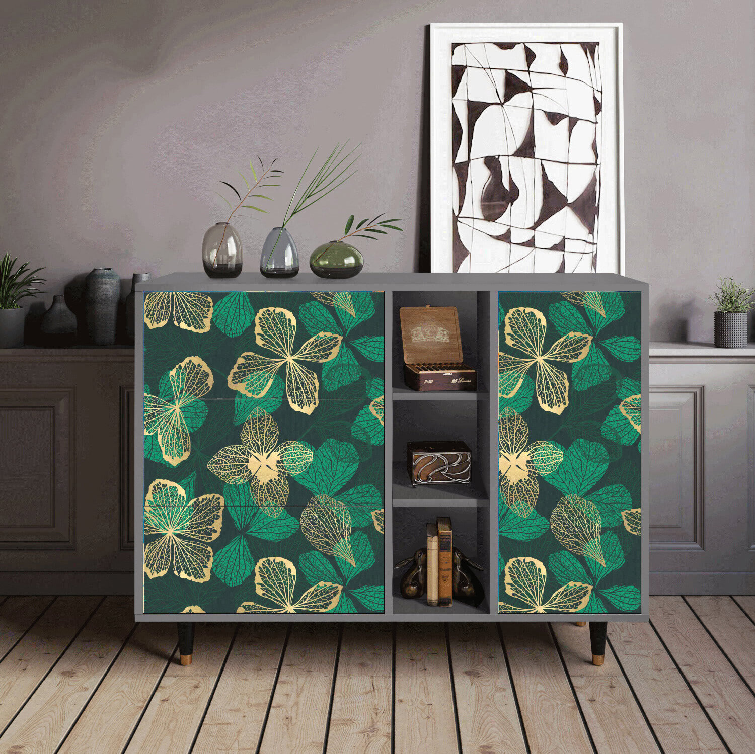 Комод - STORYZ - BS2 Green Flower, Разер - 125 x 97 x 48 см , Цвет корпуса - Серый