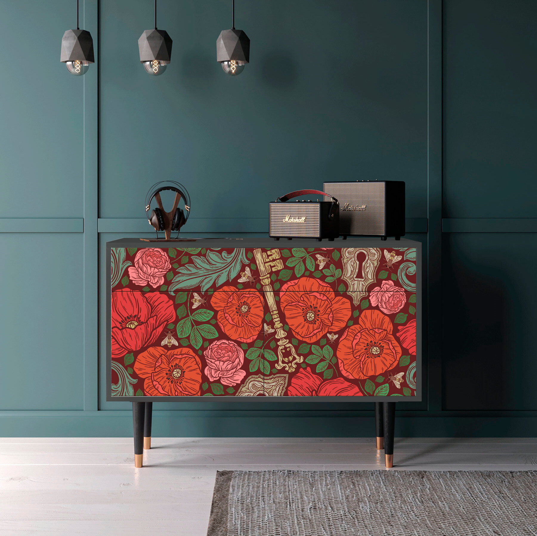 Комод - STORYZ - BS4 Poppy Garden, Размер - 115 x 85 x 48 см, Цвет корпуса - Антрацит