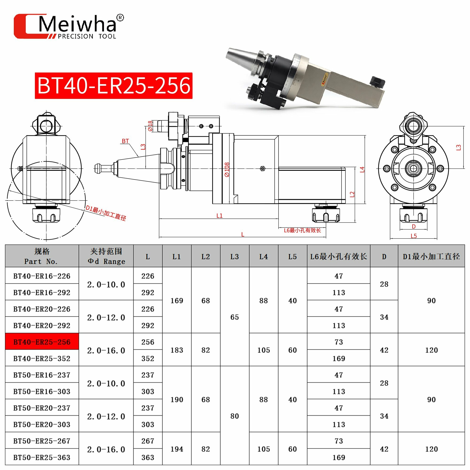 BT40-ER25-256L, боковая фрезерная головка, 90°, используется для станков с ЧПУ, сверхдлинная