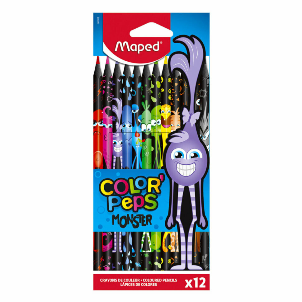 Карандаши цветные MAPED "COLOR PEP'S Black Monster", 12 цветов, трехгранные, 862612, 181986