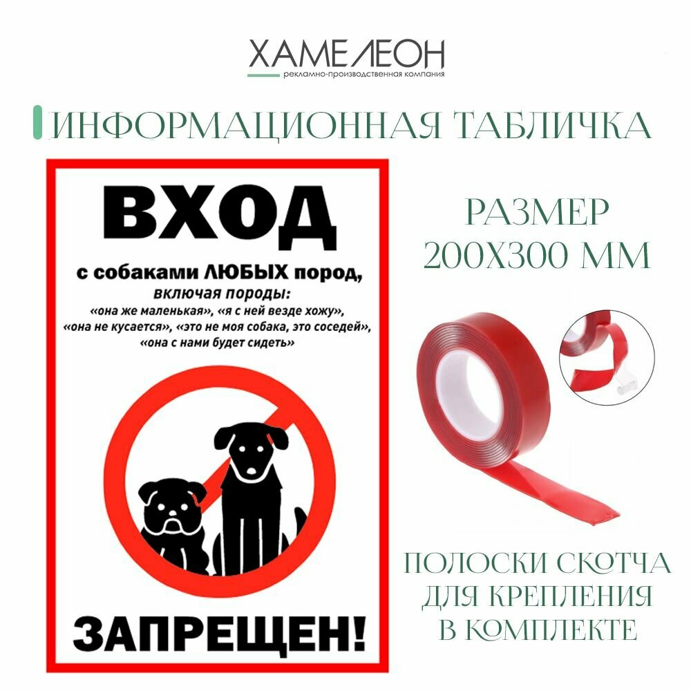 Информационная табличка "Вход с собаками любых пород запрещен" 200х300 мм