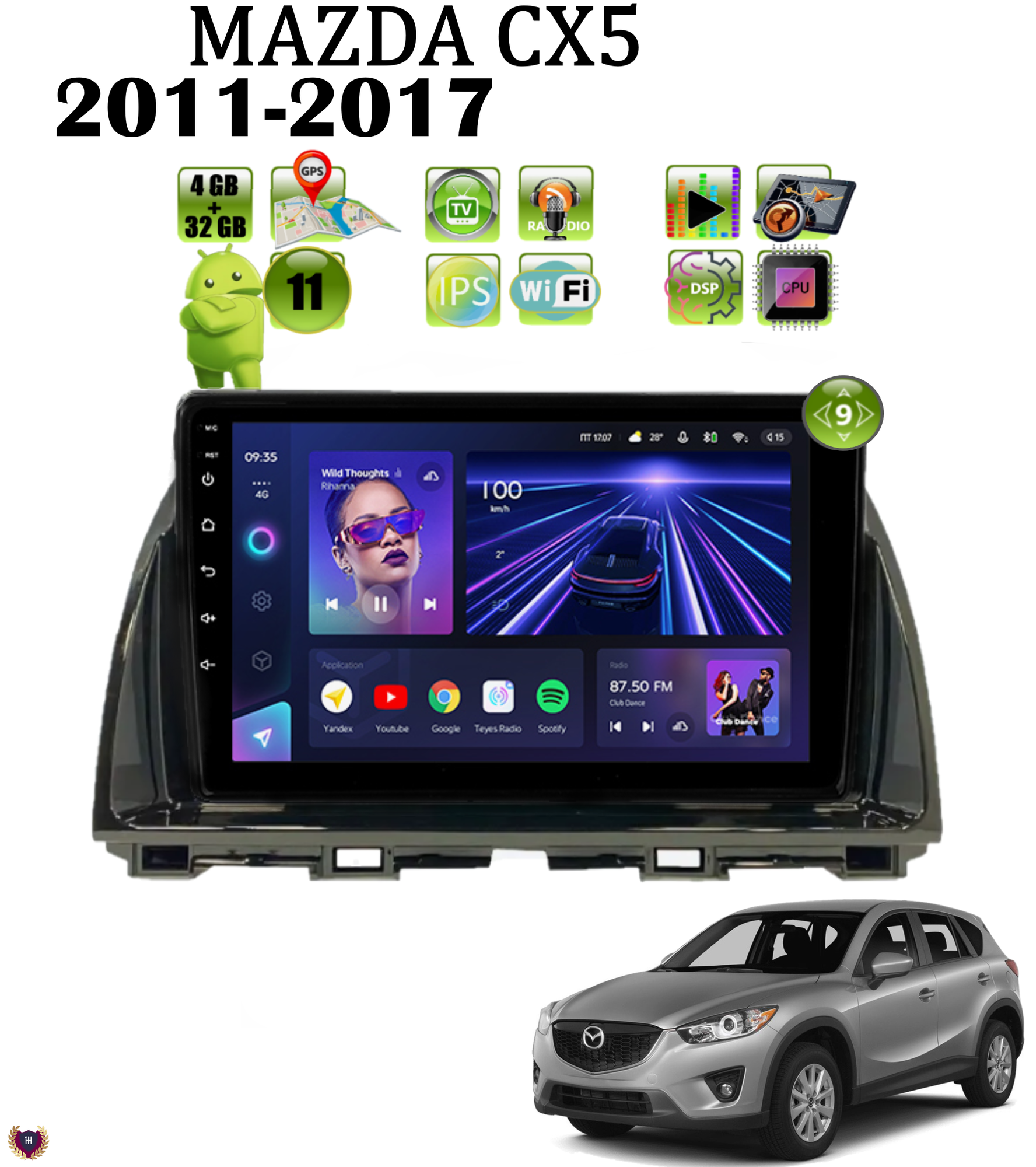 Автомагнитола для Mazda CX5 (2011-2017) Мазда CX-5, Android 11, 4/32 GB, Bluetooth, WiFi, CarPlay, GPS, IPS, FM, TV, сенсорные кнопки, разделение экрана, поддержка кнопок на руле
