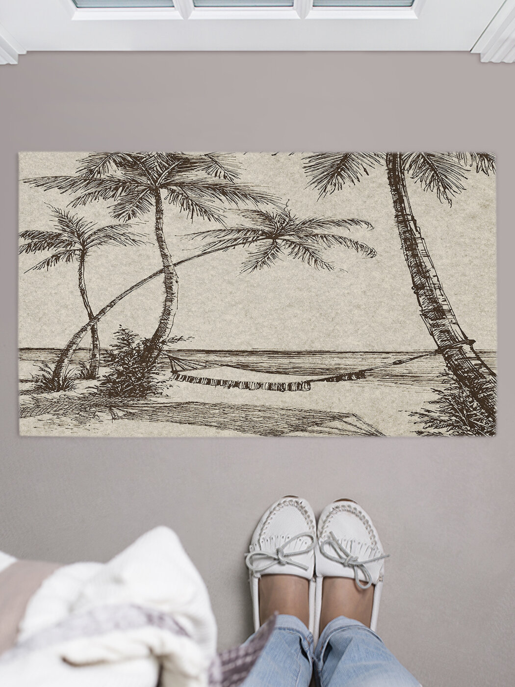 Коврик придверный в прихожую с принтом "Гамак под пальмами" 45 на 75 см , JoyArty