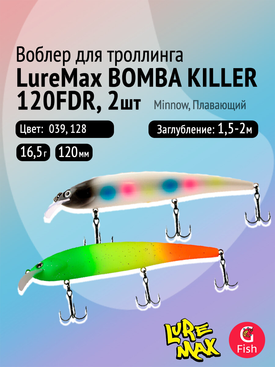 Комплект воблеров для троллинга (судак, щука): 2 штуки LureMax BOMBA KILLER 120FDR 16,5 г Плавающий, цвета 039, 128