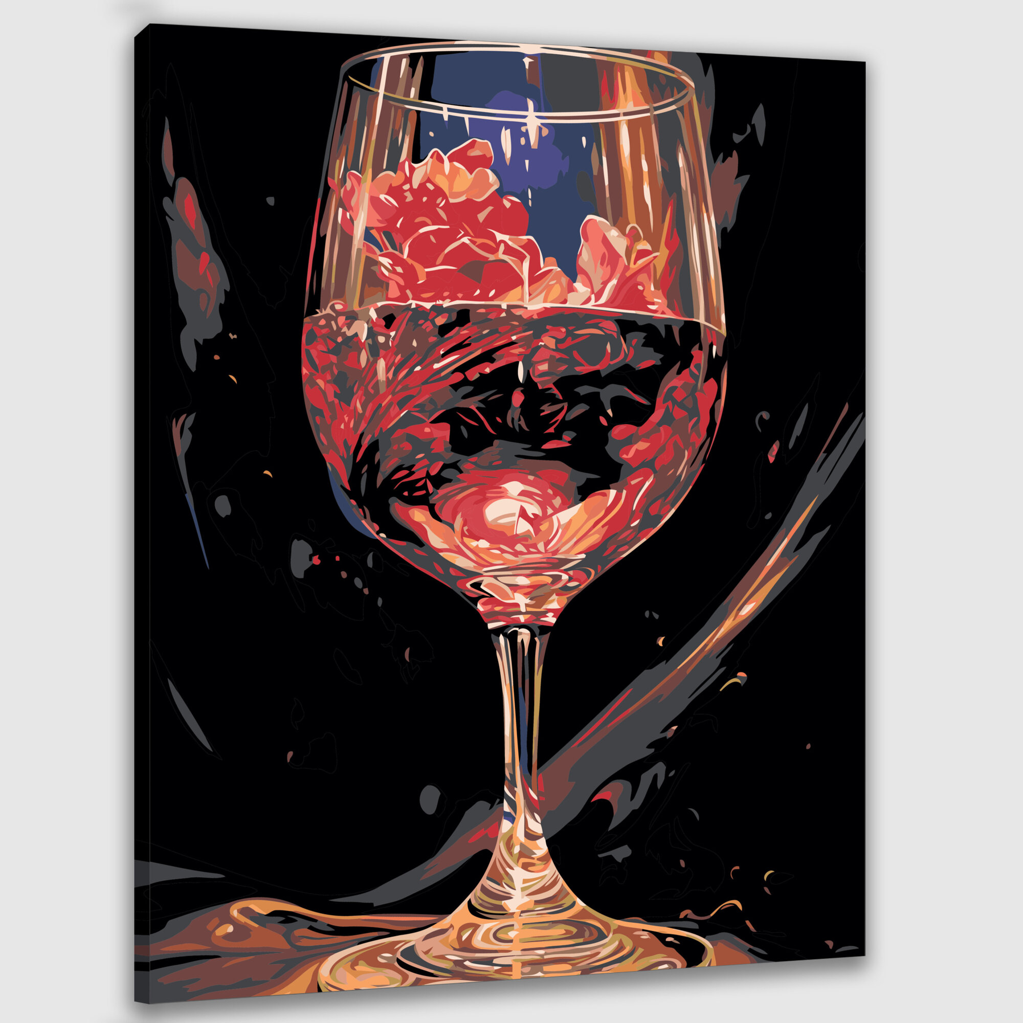 Картина по номерам 40x50 см, акриловая картина, бокал для вина, темно-красная жидкость, блеск, мазки кисти, отражения
