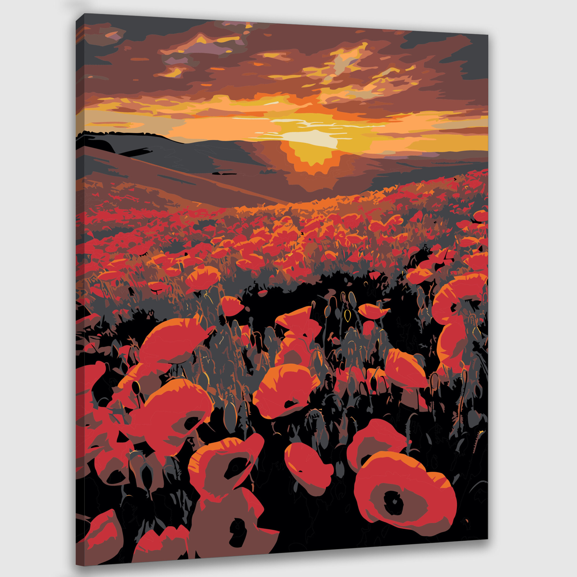 Картина по номерам 40x50 см, фотография, пейзаж, луг, маки, контраст, зеленая трава, солнце, сияние, композиция