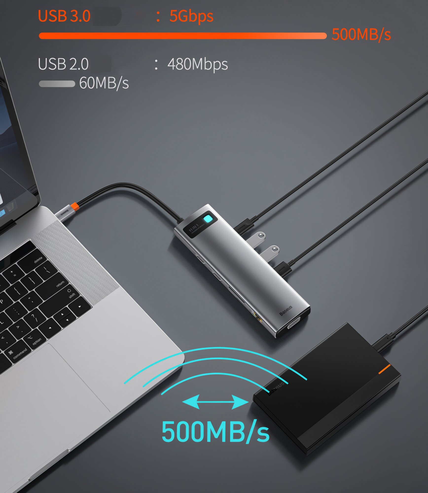 USB-C хаб Baseus 11-in-1 HUB PD 100W SD/Micro SD 3USB/1USB-C/1x3.5mm/2HDMI 4K 30Hz/VGA/1Ethernet (CAHUB-CT0G), тёмно-серый