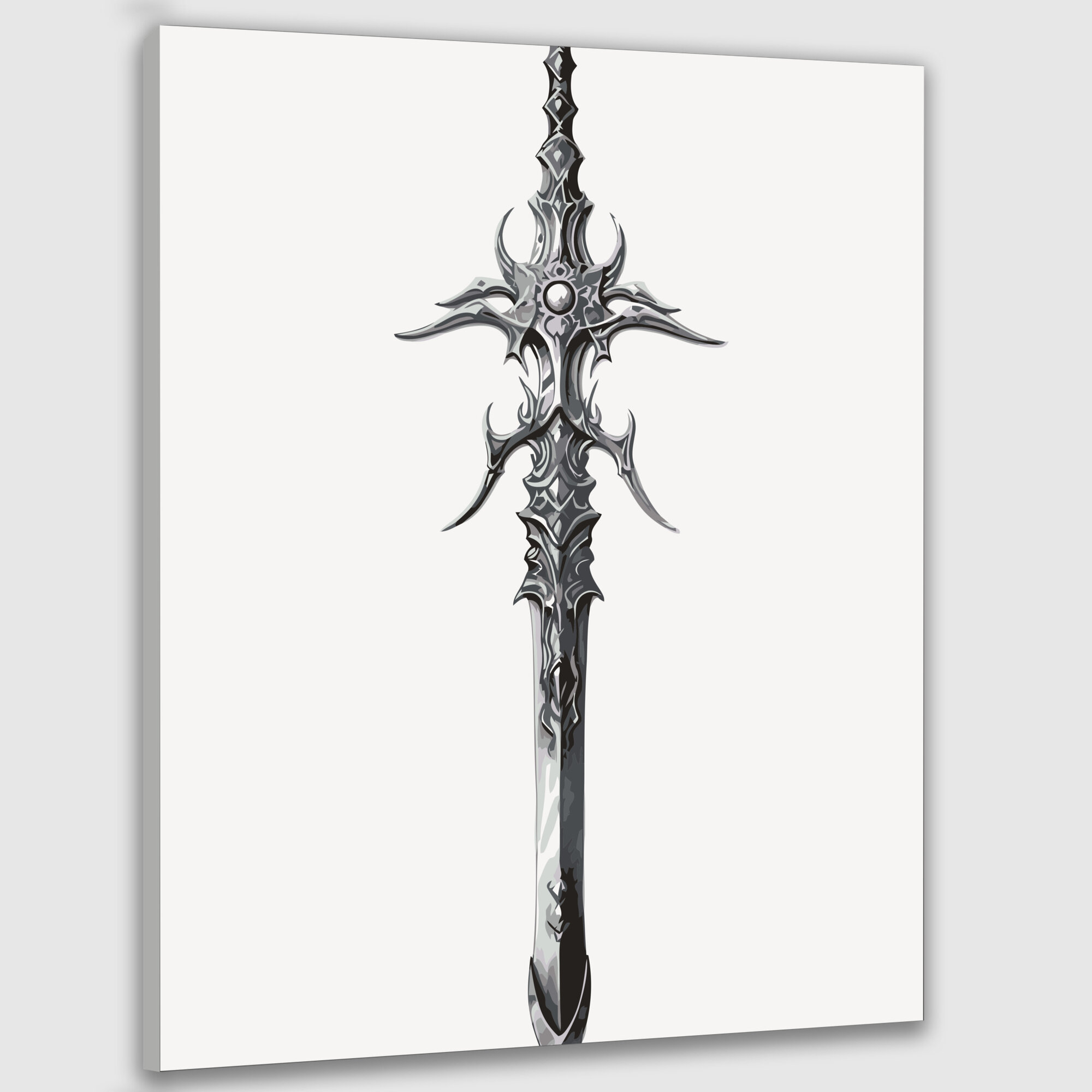Картина по номерам 40x50 см, черно-белая иллюстрация, тушь, меч воина, гравировка, рукоять, драгоценные камни, тени