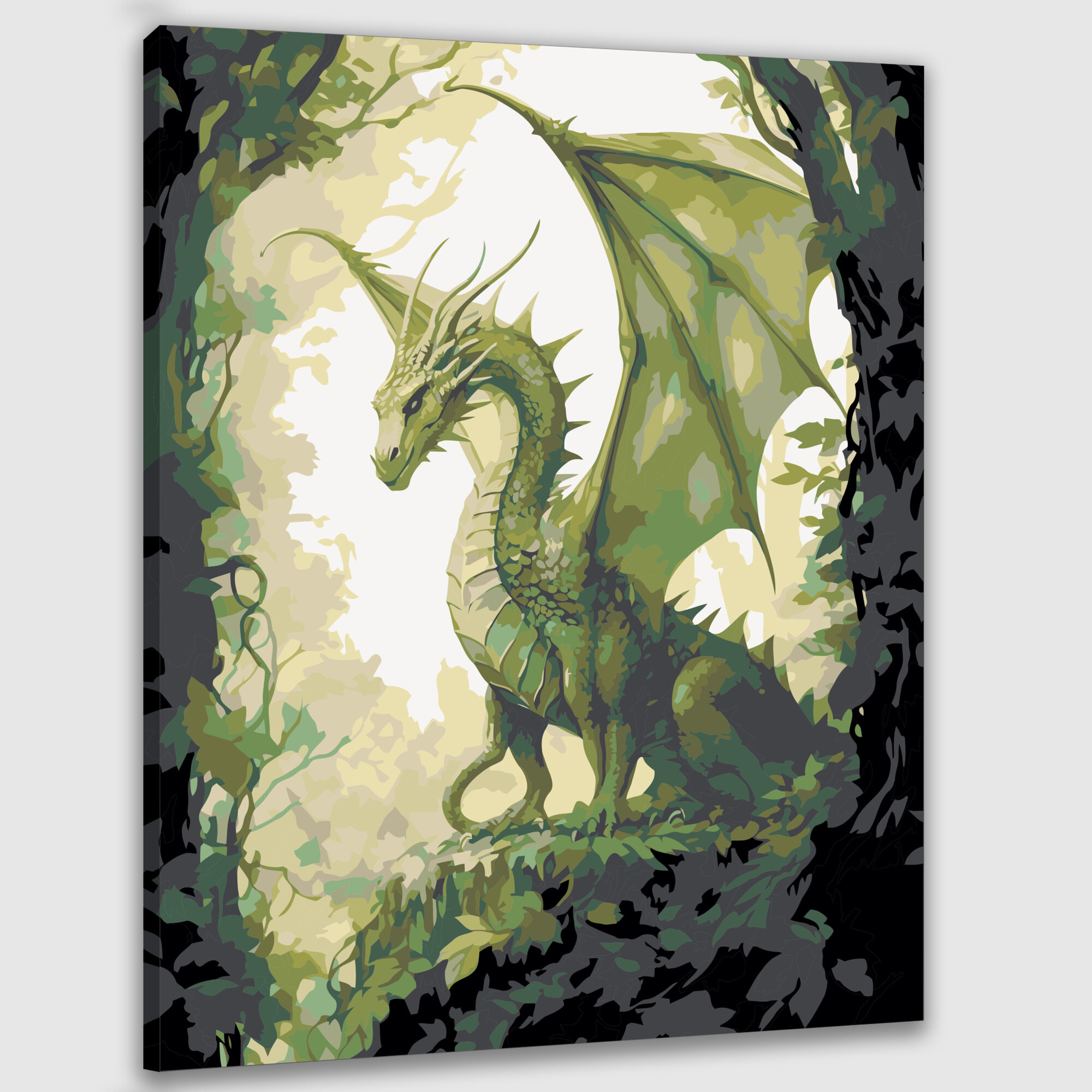 Картина по номерам 40x50 см, иллюстрация, акварельная, мифический, зеленый дракон, густой лес, изумрудные крылья, тень