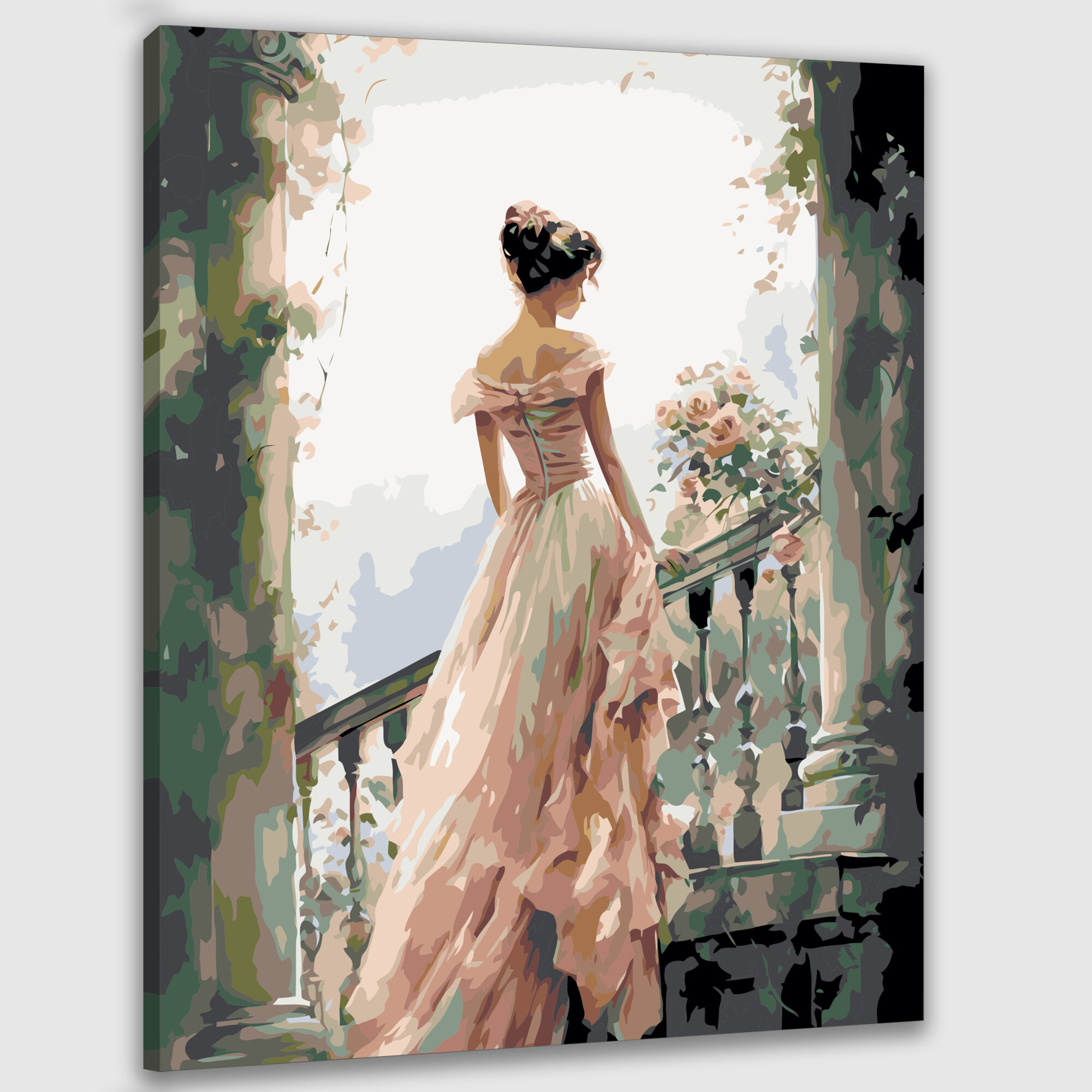 Картина по номерам 40x50 см, акварельная картина, принцесса, балкон, вид на сад, розы, плющ, любовь, очарование