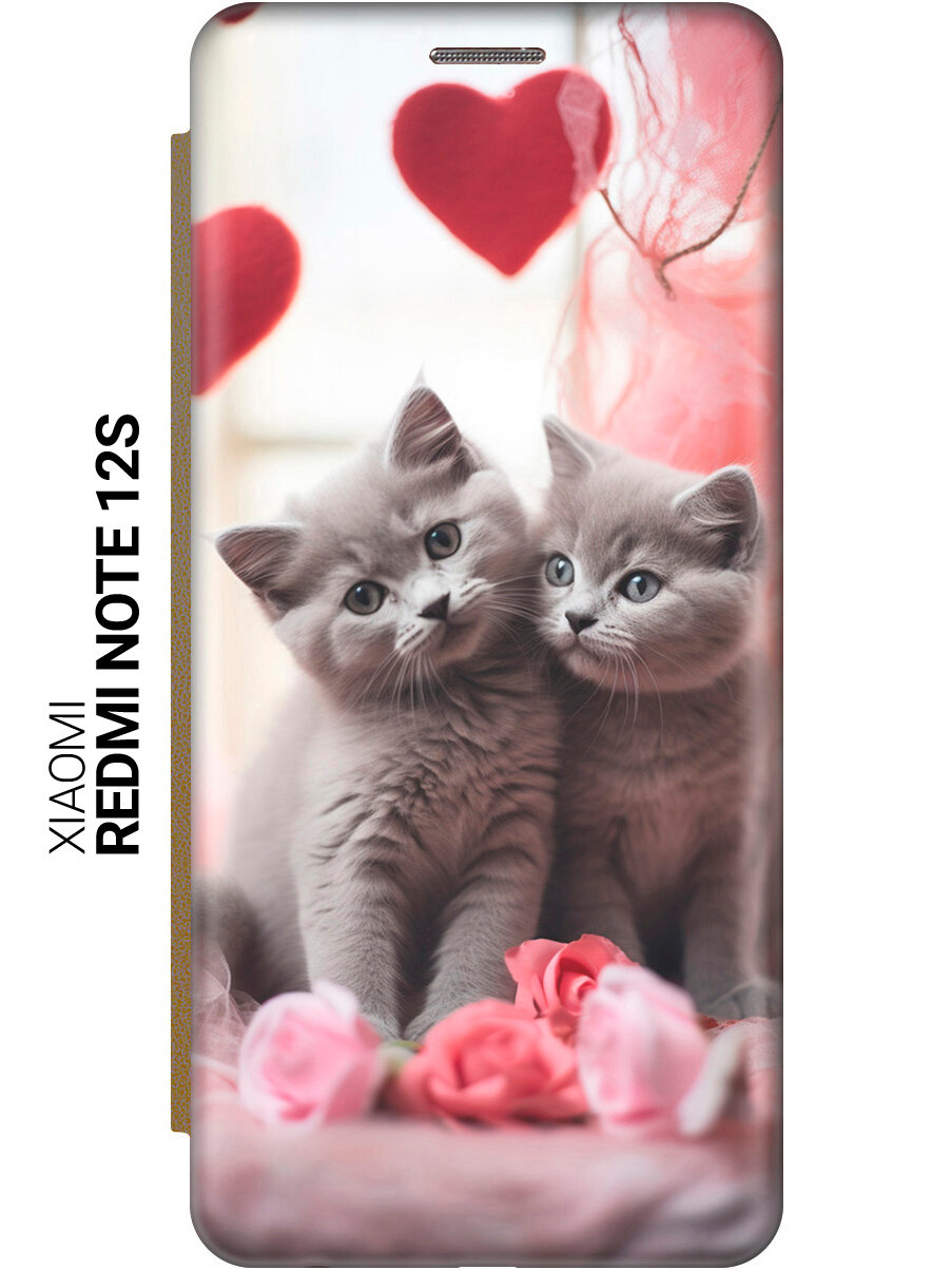 Чехол-книжка на Xiaomi Redmi Note 12s / Сяоми Редми Ноут 12с с рисунком "Котики и сердечки" золотой