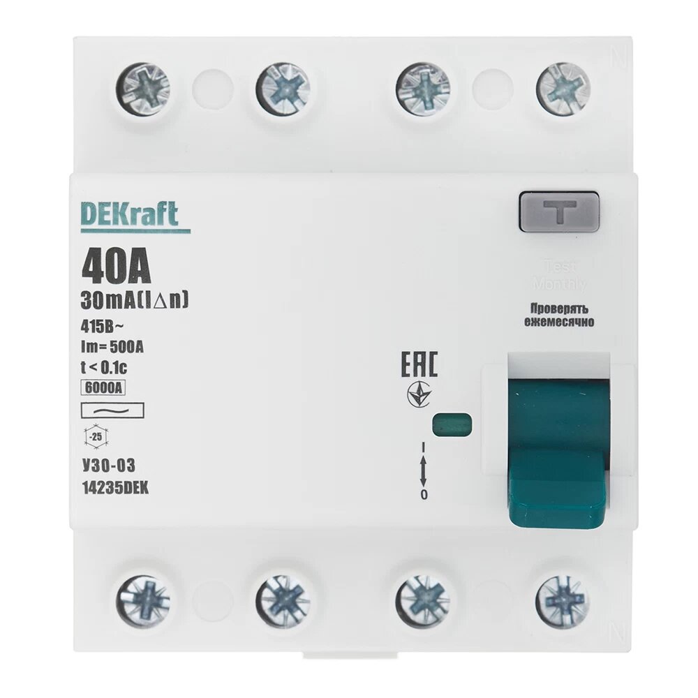 УЗО Dekraft УЗО-03 40А 3P+N тип AC 30 мА 6 кА компактное (14235DEK) Dekraft 14235DEK