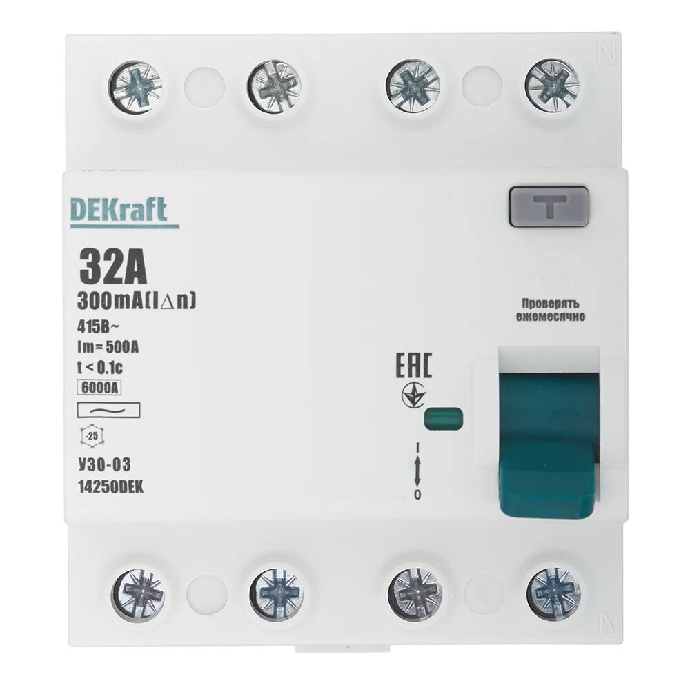 УЗО Dekraft УЗО-03 32А 3P+N тип AC 300 мА 6 кА компактное (14250DEK) Dekraft 14250DEK