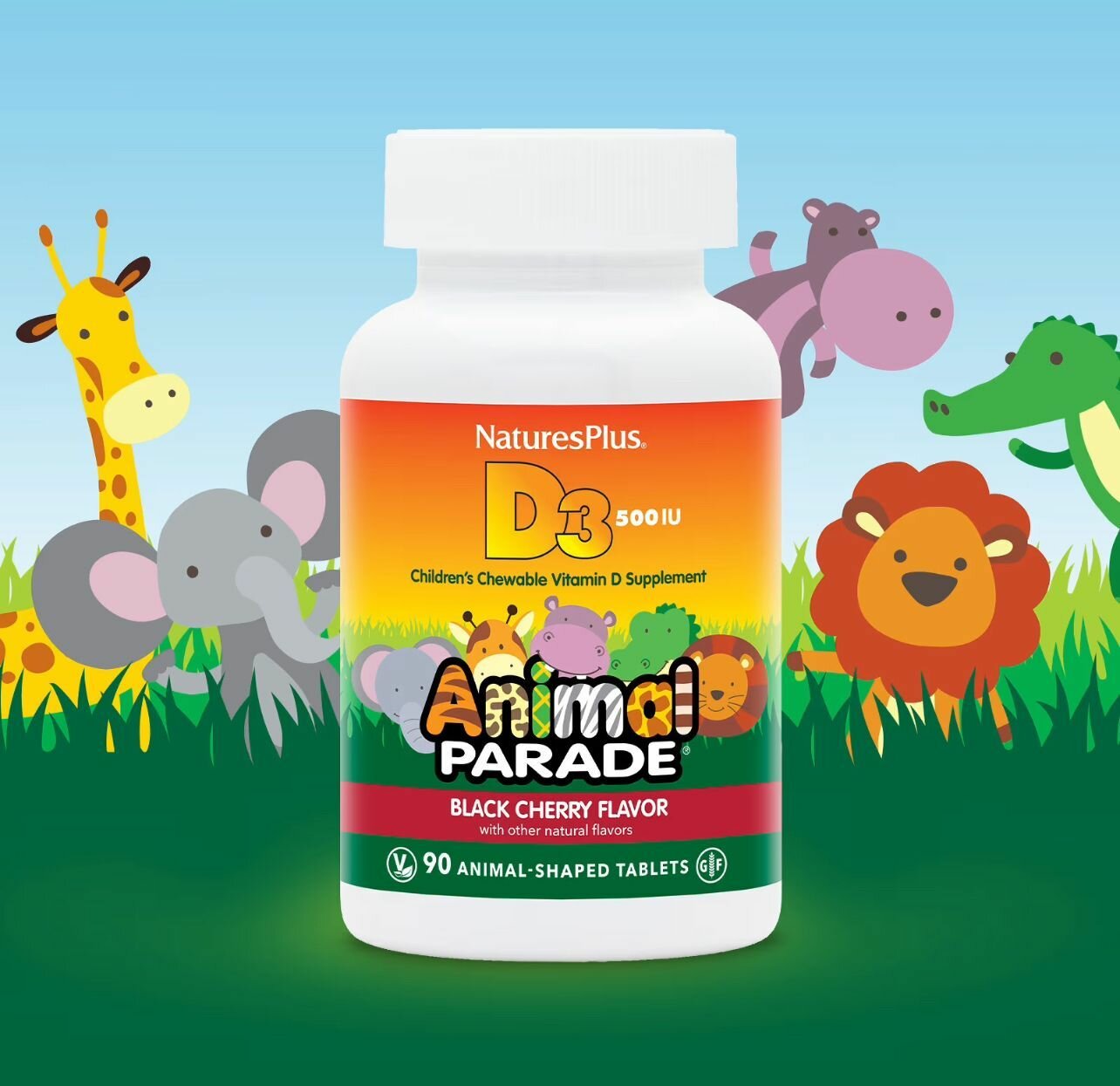 Витамин Д3 500 МЕ для детей со вкусом Черешня 90 жевательных таблеток, Nature's Plus Animal Parade Vitamin D3 500 IU CHEWABLE, Укрепляет иммунитет, кости и зубы