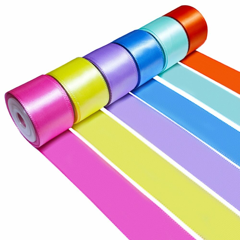 Атласная лента для упаковки подарков, декора и поделок премиум качество, 6 рулонов разных цветов