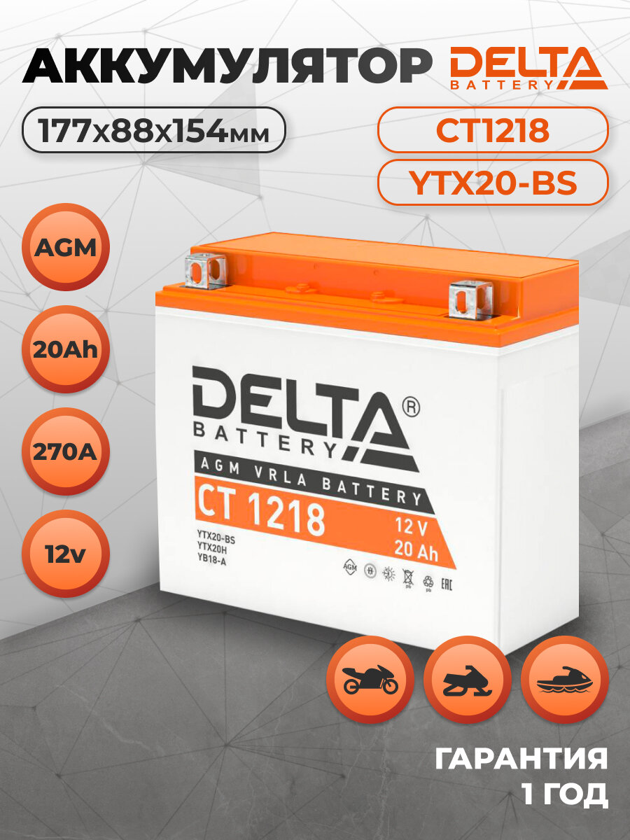 Аккумулятор мото DELTA AGM CT 1218 20Ah 270A прямая полярность (176х87х154) мотоцикла